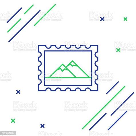 흰색 배경에 고립 된 파란색과 녹색 라인 우편 스탬프와 산 아이콘 다채로운 개요 개념 벡터 일러스트레이션 겨울에 대한 스톡 벡터 아트 및 기타 이미지 Istock
