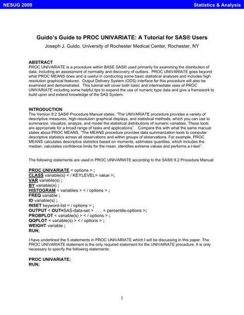 Guido S Guide To PROC UNIVARIATE A Tutorial For SAS NESUG