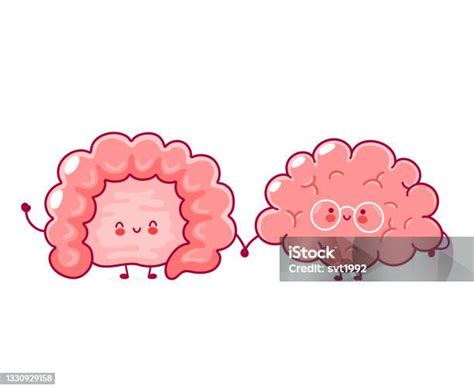 귀여운 재미 행복 한 인간의 창 자 및 뇌 장기 벡터 핸드 그린 만화 가와이 캐릭터 일러스트 아이콘 흰색 배경에 격리 두뇌와 내장 만화 낙서 문자 개념 2에 대한 스톡 벡터