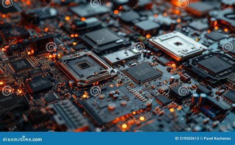 Detailed Look At A Computer Motherboard Circuitry And Components Stock