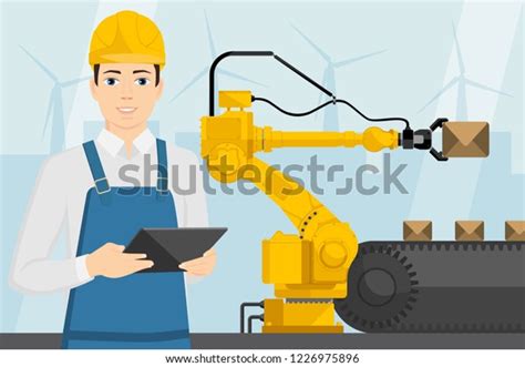 Engineer Digital Tablet Controls Handling Robot Stock Vector Royalty