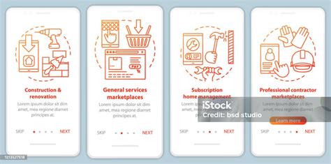 모바일 앱 페이지 화면 벡터 템플릿을 온보딩 하는 인터넷 마켓플레이스 전자 상거래 고객 서비스 단계 선형 그림으로 웹 사이트 단계 Ux Ui Gui 스마트폰 인터페이스 컨셉