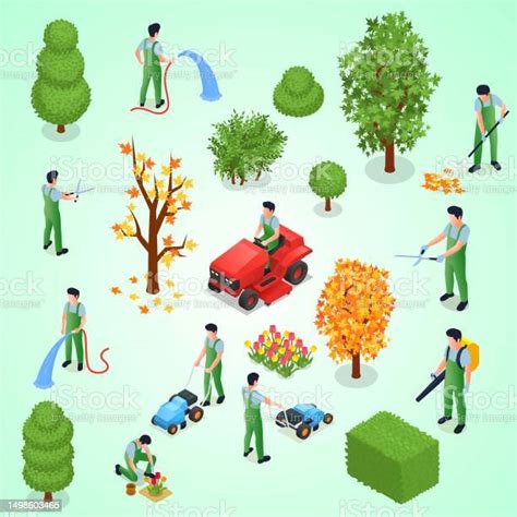 전문 원예 아이소메트릭 아이콘 요소 조경 디자인 야외에서 고립된 벡터 일러스트레이션을 작업하는 사람들 3차원 형태에 대한 스톡 벡터 아트 및 기타 이미지 Istock