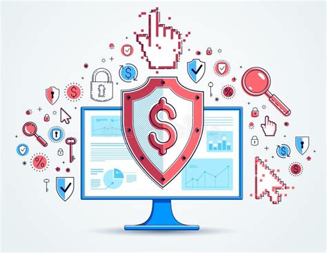 Shield Over Computer Monitor And Dollar Set Of Icons Internet