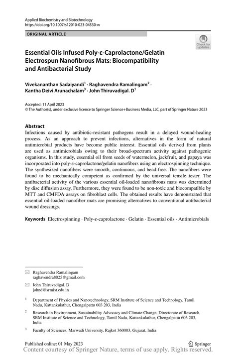 Essential Oils Infused Poly ε Caprolactone Gelatin Electrospun Nanofibrous Mats