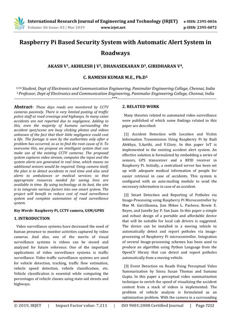 IRJET Raspberry Pi Based Security System With Automatic Alert System In Roadways