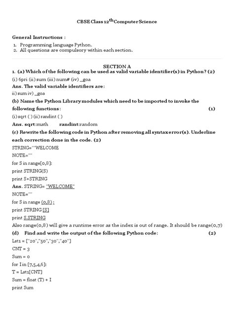 Cbse Class 12th Computer Science Section A Programming In Python And