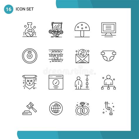 Pictogram Set Of 16 Simple Outlines Of Barbell Computer Online Monitor Nature Stock Vector