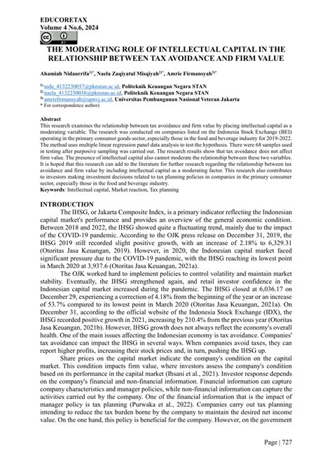 Pdf The Moderating Role Of Intellectual Capital In The Relationship Between Tax Avoidance And