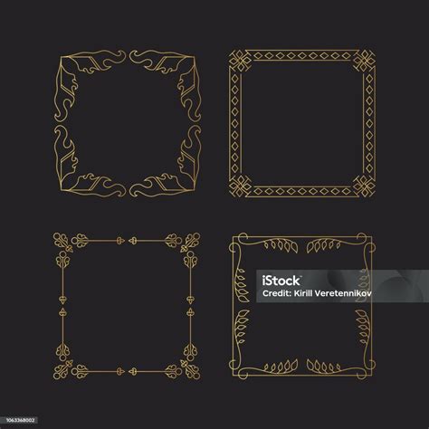 빈티지 골드 테두리의 집합입니다 직사각형 손으로 그린 황금 프레임을 소용돌이 친다 벡터 고립 된 번 창 디자인 요소입니다 그리기에 대한 스톡 벡터 아트 및 기타 이미지