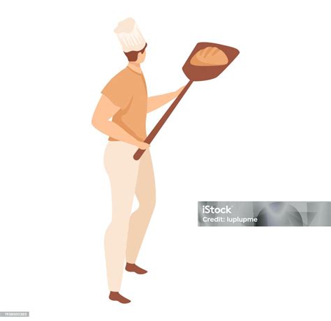 빵과 함께 나무 패들을 들고 있는 베이커 유니폼 베이킹을 하는 요리사 흰색 배경에 고립된 캐릭터 빵집 와 빵 만들기 벡터 일러스트 레이 션 기술에 대한 스톡 벡터 아트 및