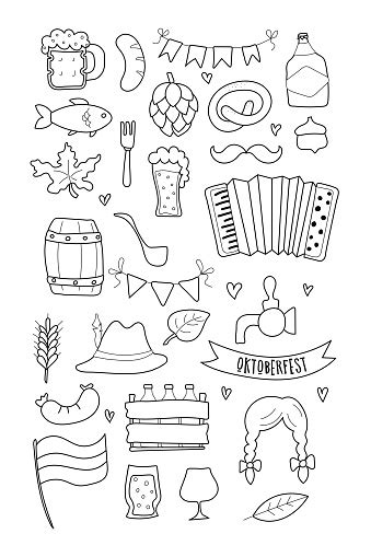 인사말 카드 초대장 배너 포스터 팩 스티커 유리를 위한 바이에른 맥주 축제 옥토버페스트 디자인 요소 채색 모든 개체가 분리됩니다 벡터 일러스트레이션 맥주에 대한 스톡 벡터