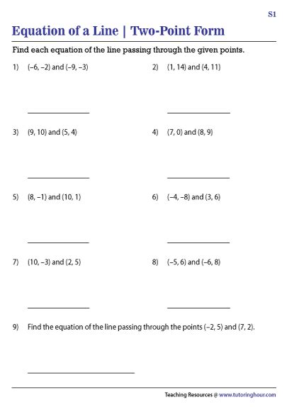 Determining The Equation Of A Line Given Two Points Worksheet