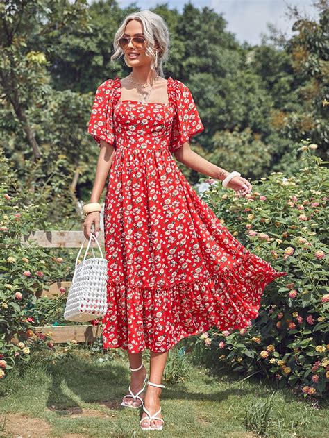 Red Boho Short Sleeve Polyester Floral A Line Embellished Non Stretch