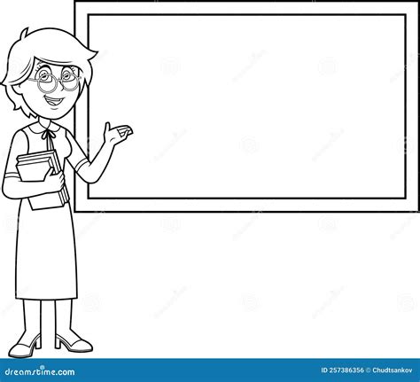 Outlined Female Teacher Cartoon Character Speak And Holding Textbooks