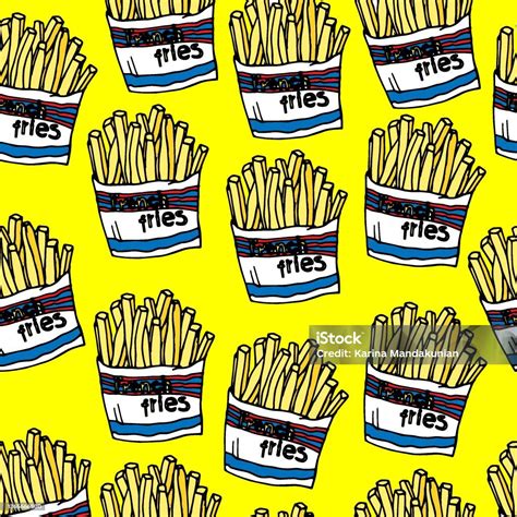 벡터 핸드 그린 햄버거와 스낵 개체 그려진 패스트 푸드 요소 길거리 음식 감자 튀김 튀긴 감자 패턴 음식 패턴 노란색 식품 배경