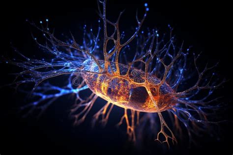 Neural Network Made Of Neurons With Connected Bioluminescent Elements Featuring A Close Up