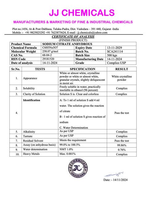 Powder Sodium Citrate Anhydrous Usp Packaging Size 25 Kg At ₹ 45 Kg