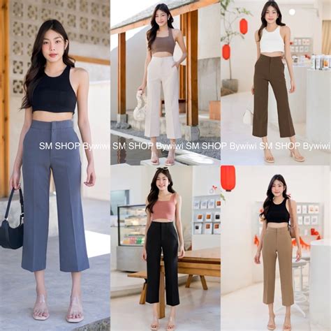 กางเกงขากระดิ่ง ตะขอหน้า ผ้าไอวี่ ผ้าเปเป้ S 2xl ป้าย Smshop พร้อมส่ง Shopee Thailand