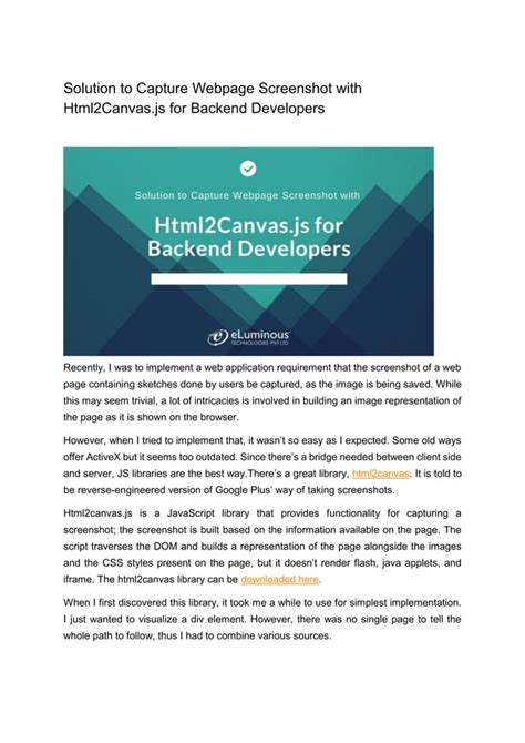 Solution To Capture Webpage Screenshot With Html2 Canvasjs For Backend Developers Pdf Web