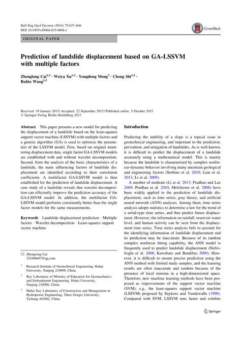 Pdf Prediction Of Landslide Displacement Based On Ga Lssvm With Multiple Factors