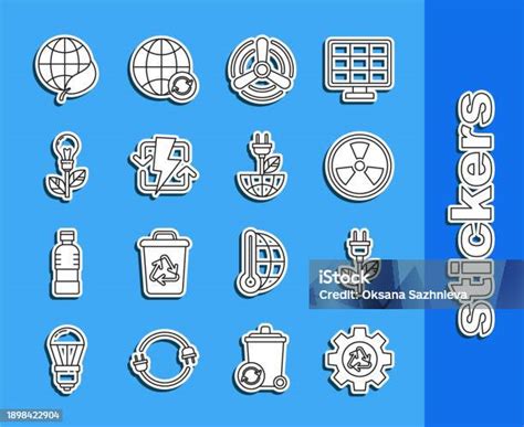 세트 라인 재활용 기호 및 기어 전기 절약 플러그 잎 방사성 풍력 터빈 재충전 전구 지구 지구본 및 아이콘 벡터 급유에 대한 스톡 벡터 아트 및 기타 이미지 Istock