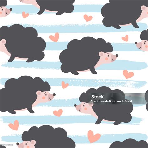 사랑 스러운 원활한 고슴도치 패턴입니다 캐릭터 아기 고슴도치 하트와 스케치 줄무늬 배경 가을에 대한 스톡 벡터 아트 및 기타 이미지 가을 가축 개념 Istock