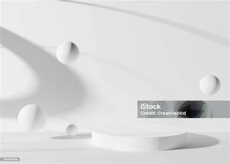 흰색 배경에 구체와 그림자흰색 둥근 연단 제품 화장품 프리젠 테이션을위한 우아한 연단 모의 미용 제품을 위한 받침대 또는 플랫폼 빈 장면입니다 3d 렌더링 전시실에 대한