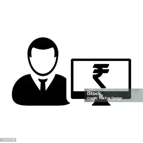 사람 아이콘 벡터 남성 사용자 아바타 컴퓨터 모니터 화면과 루피 문자 모양 픽토그램 기호에 플랫 색상으로 로그인 검은색에 대한