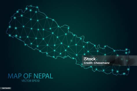 네팔지도 어두운 그라데이션 배경에 빛나는 점과 선 비늘 3d 메쉬 다각형 네트워크 연결 0명에 대한 스톡 벡터 아트 및 기타 이미지 Istock