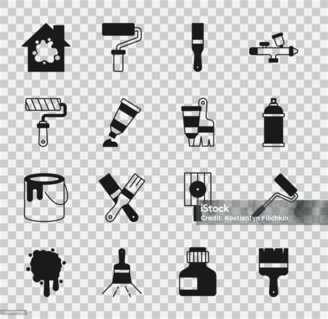 페인트 브러시 롤러 스프레이 캔 페인트 팔레트가있는 튜브 집 그림 및 아이콘을 설정합니다 벡터 페인트에 대한 스톡 벡터 아트 및 기타 이미지 Istock