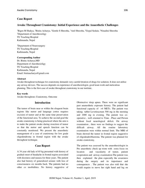 Pdf Awake Craniotomy 106 Case Report Awake Throughout Craniotomy Initial Experience And The