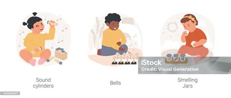 몬테소리 유치원의 청각 감각 고립 된 만화 벡터 일러스트 레이 션 세트 감각 지각에 대한 스톡 벡터 아트 및 기타 이미지