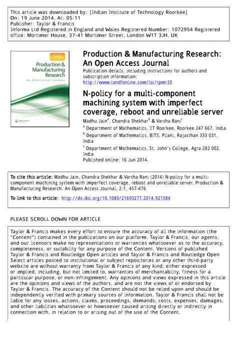 Pdf N Policy For A Multi Component Machining System With Imperfect Coverage Reboot And
