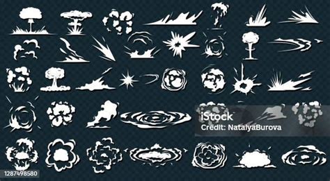 만화 폭발 붐 불꽃 이나 연기 구름 만화 증기 구름 퍼프 안개 안개 수증기 또는 먼지 폭발 격리된 벡터 그림 아이콘 세트 만화에 대한 스톡 벡터 아트 및 기타 이미지