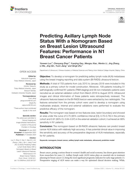 Pdf Predicting Axillary Lymph Node Status With A Nomogram Based On Breast Lesion Ultrasound