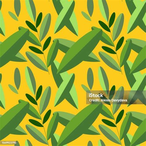 노란색 배경에 녹색 나뭇가지와 나뭇잎이 있는 매끄러운 패턴 여름 옷 포장지 유기농 식품 포장 월페이퍼를 위한 꽃무늬 프린트 벡터 0명에 대한 스톡 벡터 아트 및 기타 이미지