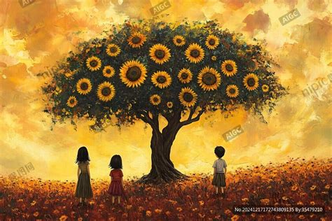 Ai创作图大树下的孩童 阳光向日葵小朋友 插画葵花 意境儿童插画 治愈系儿童插画 向日葵照片树 棵棵葵花向太阳 向日葵包装插画 大树下的大人 梦幻儿童插画超治愈 儿童插画树木 几人环抱的大树