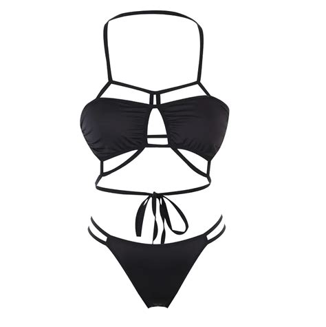 Hot Sale Sexy Women Stiped Black Bikini Set Bandage Sexy Padded Summer