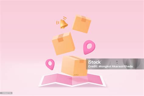 3d 온라인 배달 서비스 배달 추적 위치 선적 개념에 대한지도의 핀 위치 지점 마커 지도에서 포장하는 제품 배송 로지스틱 아이콘 3d 벡터 렌더링 일러스트레이션 3차원