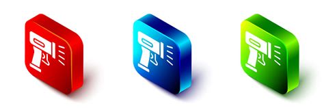 흰색 배경에서 격리된 등소 측정 스캐너 캐닝 바코드 아이콘입니다 바코드 라벨 스티커 바로 배달을 위한 식별 빨간색 파란색 및