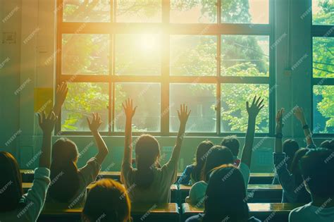 In High School Students Raising Hands In Classroom While Teacher