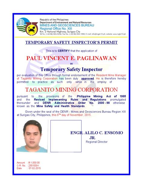 Temporary Safety Inspector Permit Approval Pdf