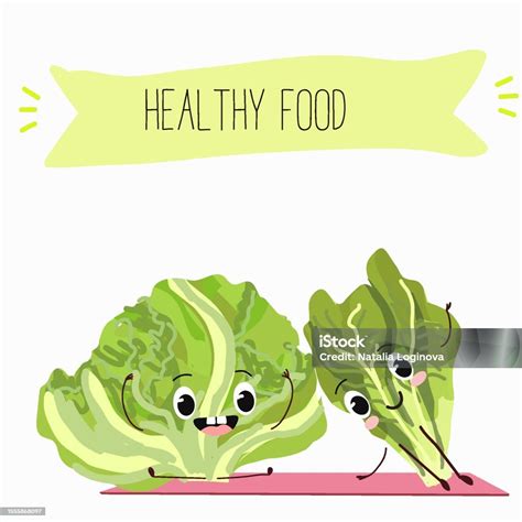 재미있는 만화 캐릭터 로마노 양상추 빙산 샐러드 야채가 있는 삽화 재미 있고 건강한 음식 비타민 귀여운 얼굴 음식 재료 채식주의자 벡터 만화 가공의 인물에 대한 스톡 벡터