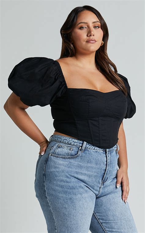 Estella Top Puff Sleeve Corset Bustier Top In Black Showpo Usa