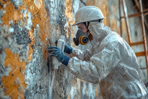 Home Renovation Worker Using Mold Remediation Products Respirator Mask And Spray Bottle