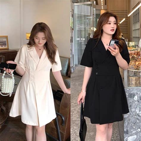 S 4xl เดรสสั้นทรงสูท ดีเทลกระดุมเก็บเอว พลัสไซส์ทรงสวย ใส่ออกงาน ใส่ทำงาน เดรสสาวอวบ พลัสไซซ์