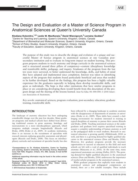 Pdf The Design And Evaluation Of A Master Of Science Program In Anatomical Sciences At Queens