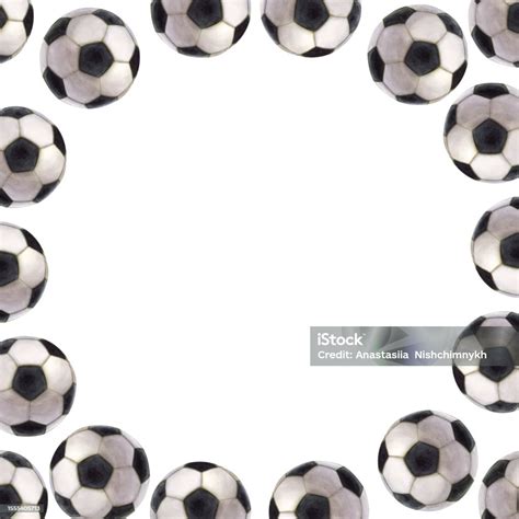 라운드 프레임 축구 흑백 축구공 손으로 그린 수채화 그림은 흰색 배경에 분리되어 있다 디자인 엽서 스티커 포스터 라벨 로고 가죽에 대한 스톡 벡터 아트 및 기타 이미지