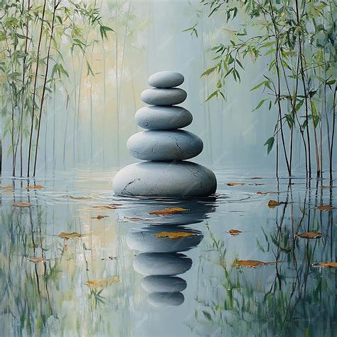 A Tranquil Bamboo Forest Scene With Balanced Stones Stacked On Top Of Each Other Surrounded By